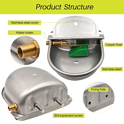 Automatic Waterer Water Bowl with Brass Float Valve Stainless Steel Watering Trough Kits for Livestock Chicken Horse Animal Dogs Cattle Pig Goat, Includes Hose, Brass Connector and Mounting Bolts