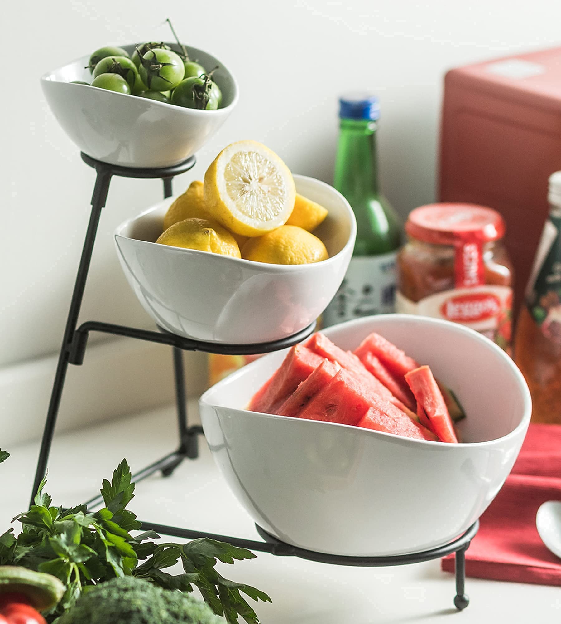 3 Tier Serving Stand Tiered Oval Bowl Stand with 3 Oval Porcelain Serving Bowl Set with Collapsible Thicker Sturdier Metal Rack (Black)