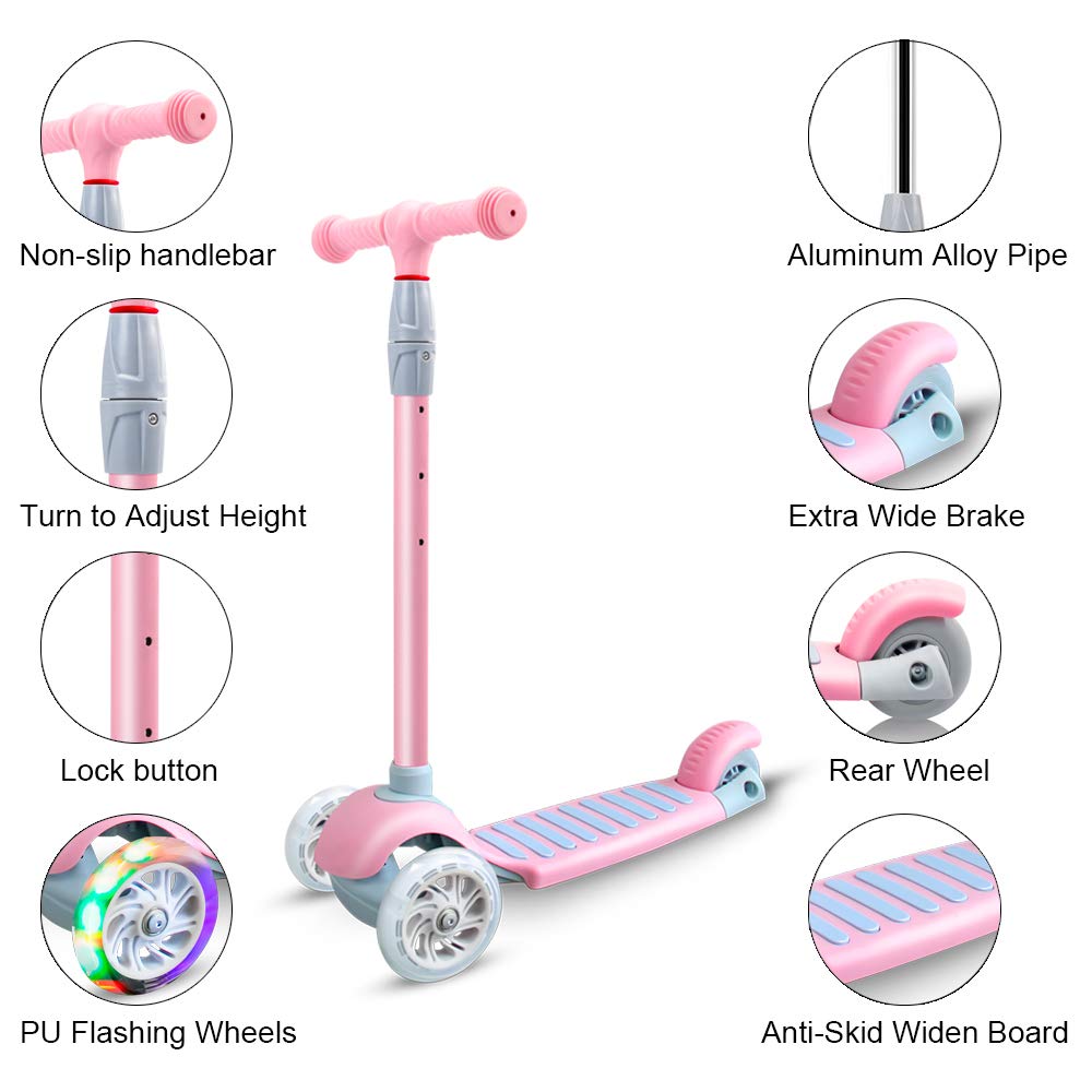 67i Scooters for Kids 2+ Year Old, Kids Scooter 3 Wheel, Toddler Scooter with Lean-to-Steer System and 4 Height-Adjustable Handlebar (Pink)