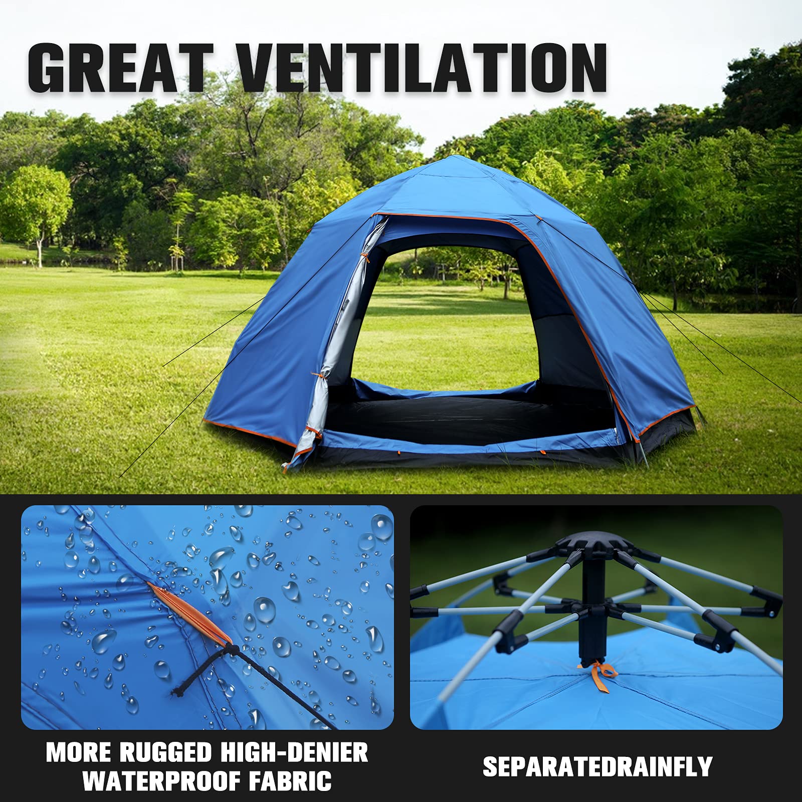 3-4-Person Waterproof Pop up Camping Tent with Rainfly Instant Tent Portable with Carring Bag (Blue)