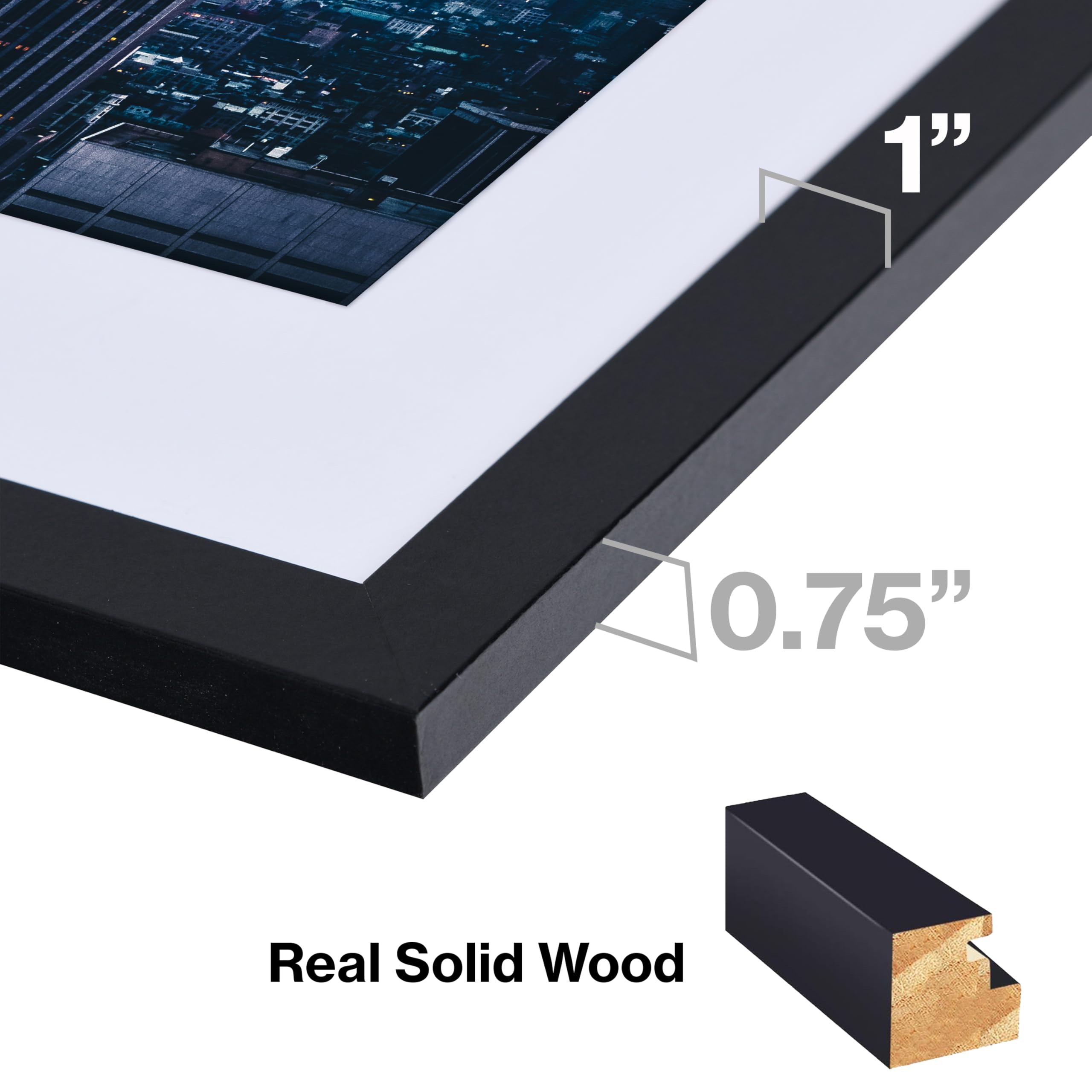 Frame Amo 18x24 Black Solid Wood Poster Frame, White Multi Mat for 13x19 and 16x20 Image, 1 inch Wide, Acrylic Front