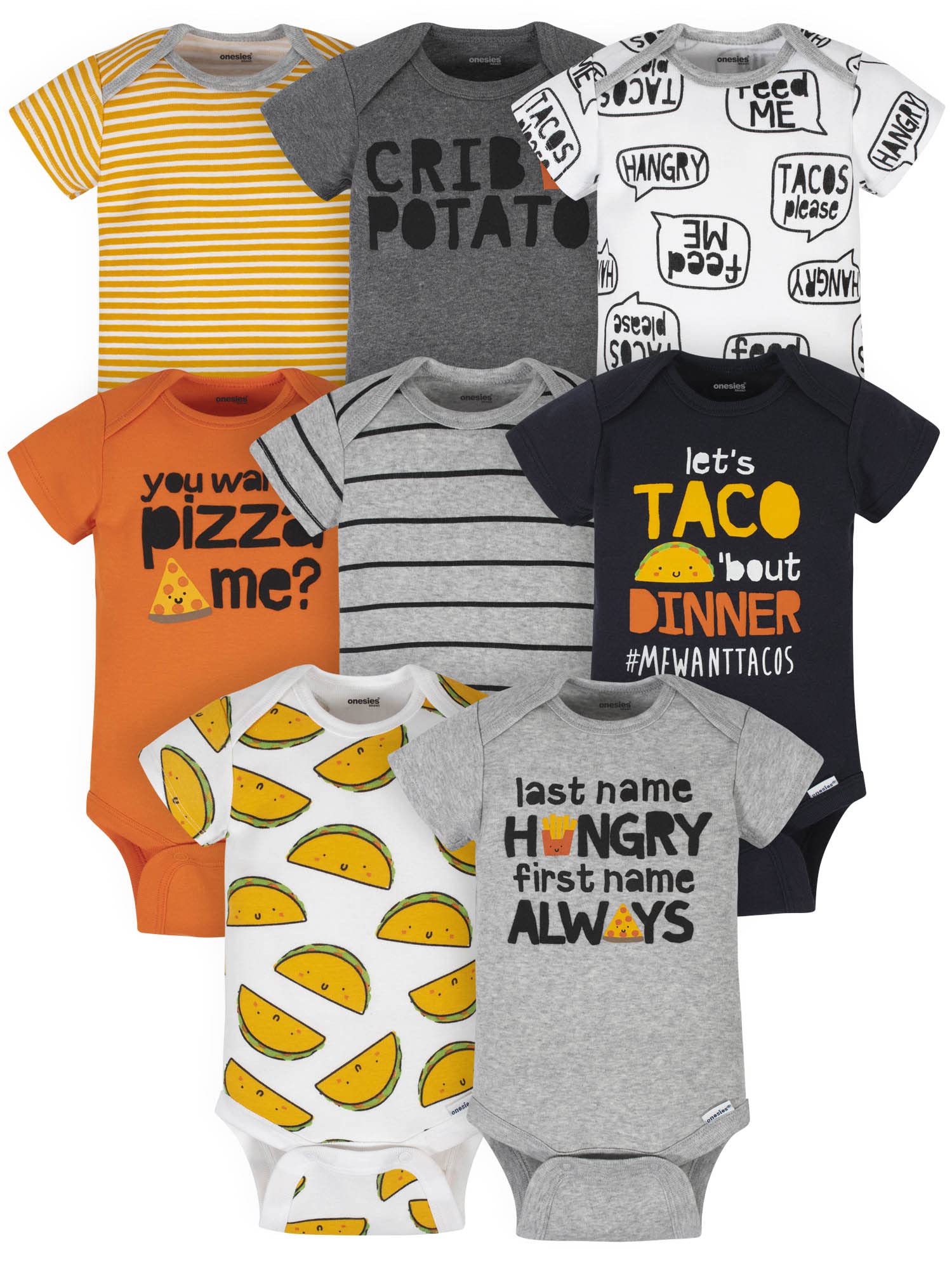 Onesies Brand Baby Boys' 8-Pack Short Sleeve Mix & Match Bodysuits, Grey Hungry, 12 Months