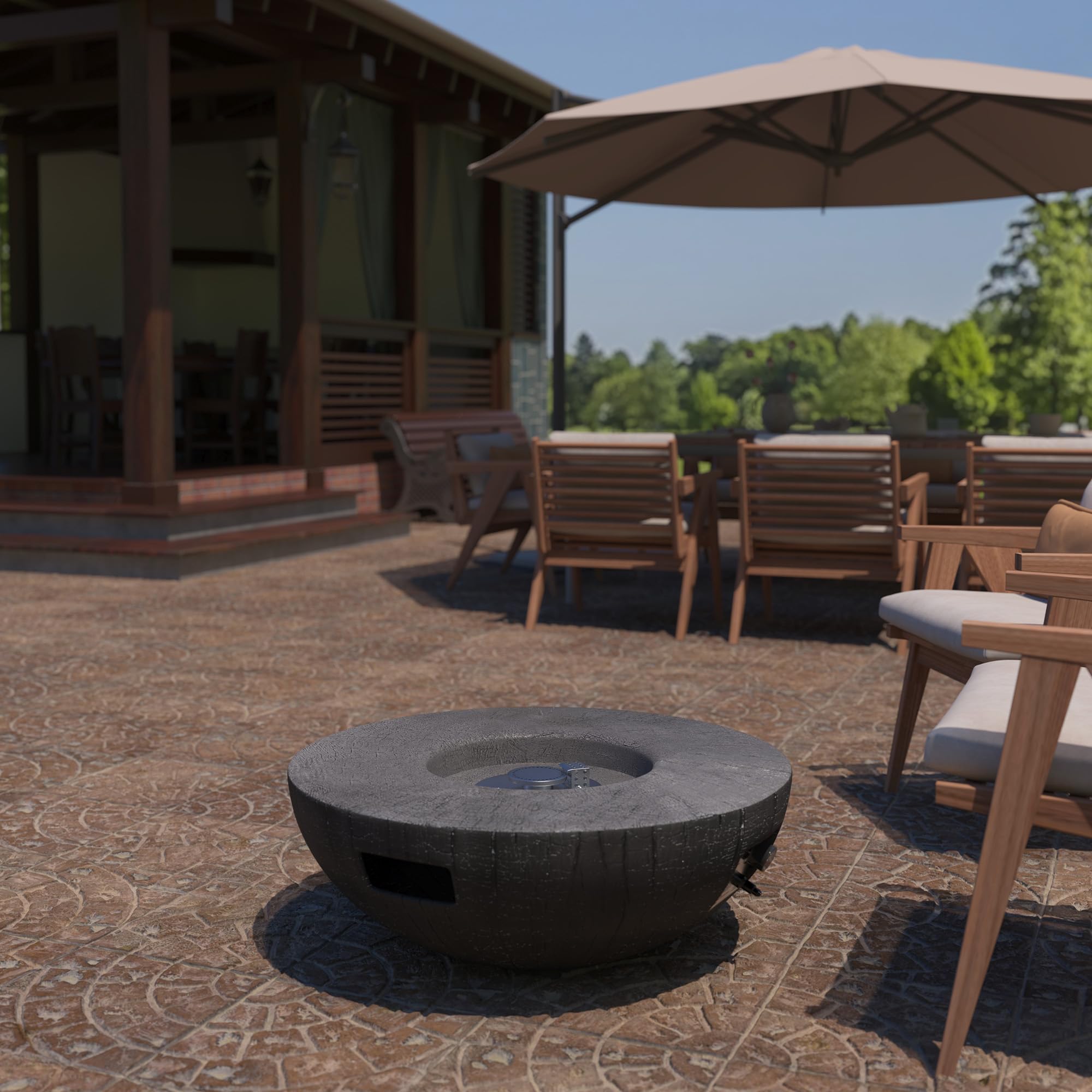 28 Inch Round Firepit Lunar Bowl 30,000 BTU Outdoor Fire Pit Table Patio Heater Firepit Base Coffee Table for Backyard Garden Cover Lava Rock Included (Tank Outside), Black
