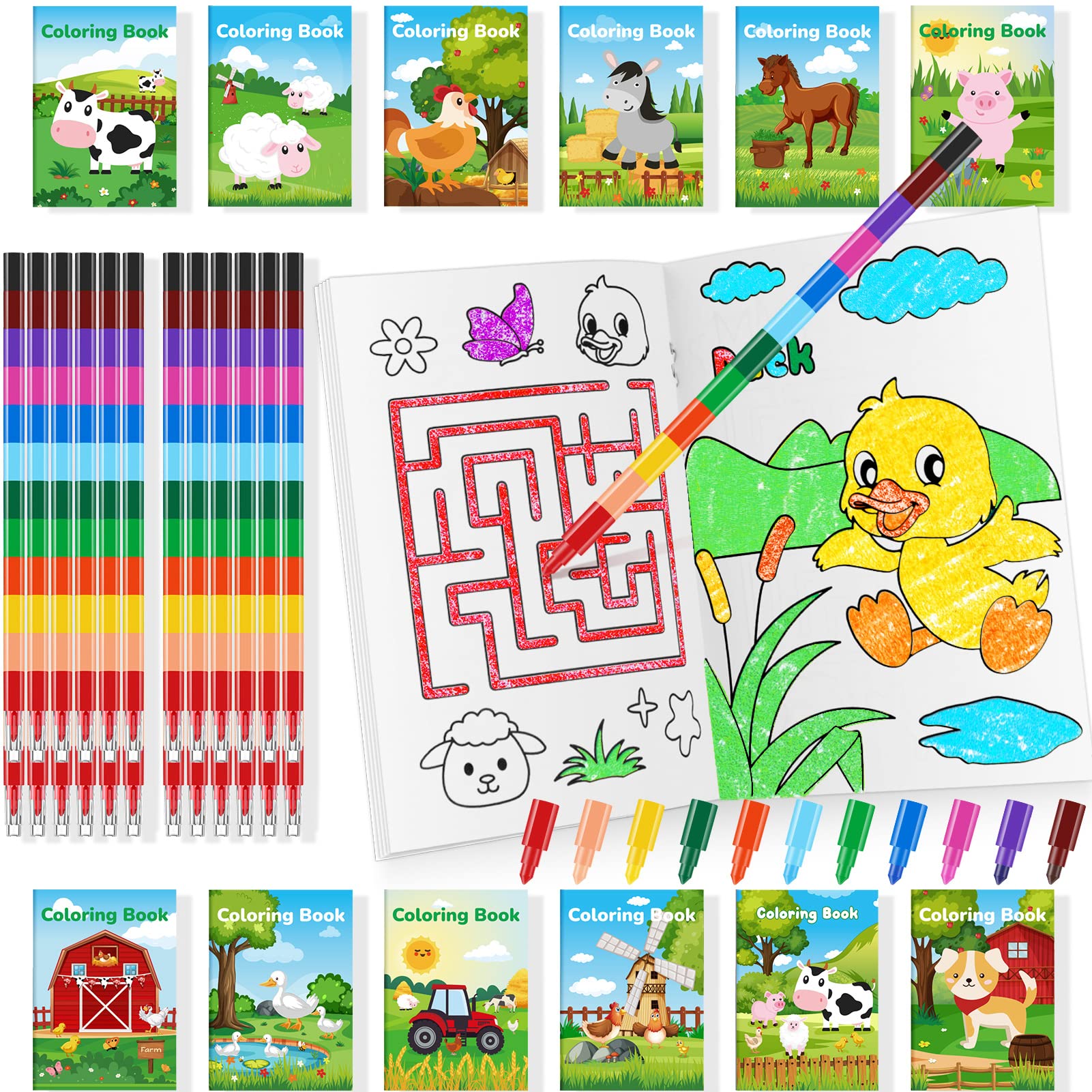 24 Farm Animals Coloring Books with 24 Stacking Crayons party favors for Kids cow horse Barn Party mini Drawing Book For Farm Birthday Party Goodie Bag Gift Stuffer School Classroom Activity Supplies
