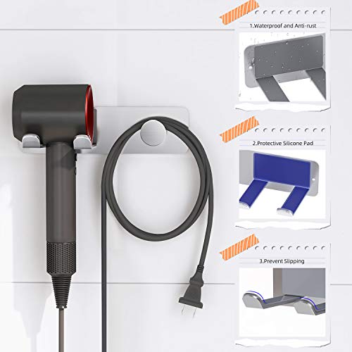 FLE Hair Dryer Holder Wall Mounted, Stainless Steel Self Adhesive Blow Dryer Holder Rack for Dyson Supersonic Hair Dryer,Silver