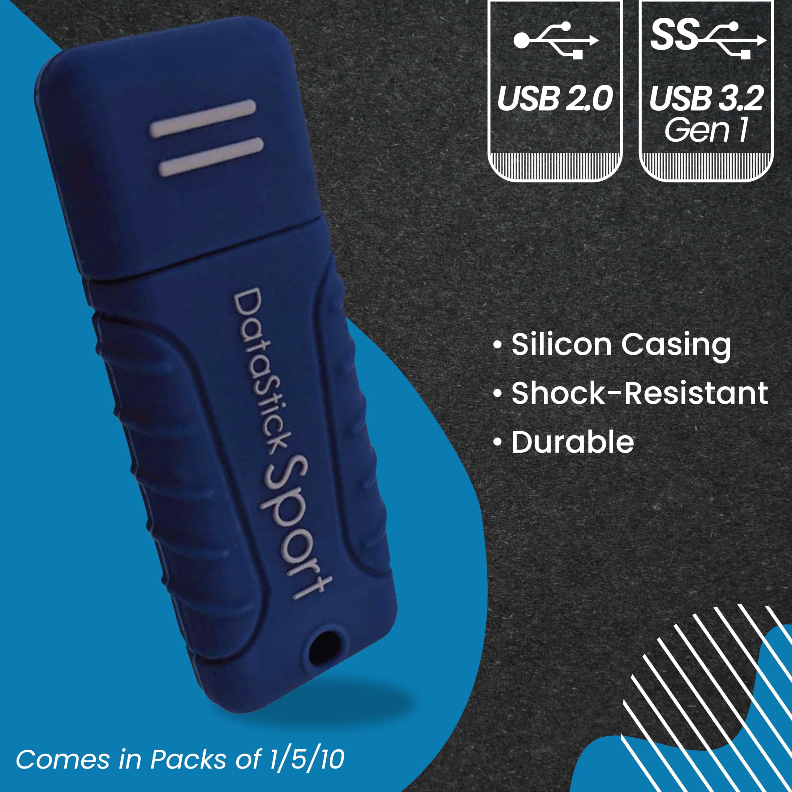 Centon Electronics MP Essentials DataStick Sport USB 3.0 Flash Drive, Waterproof USB Drive, Shock-Resistant Silicon Case, Versatile USB Stick, 8 GB Storage Capacity, Navy Blue, Pack of 5