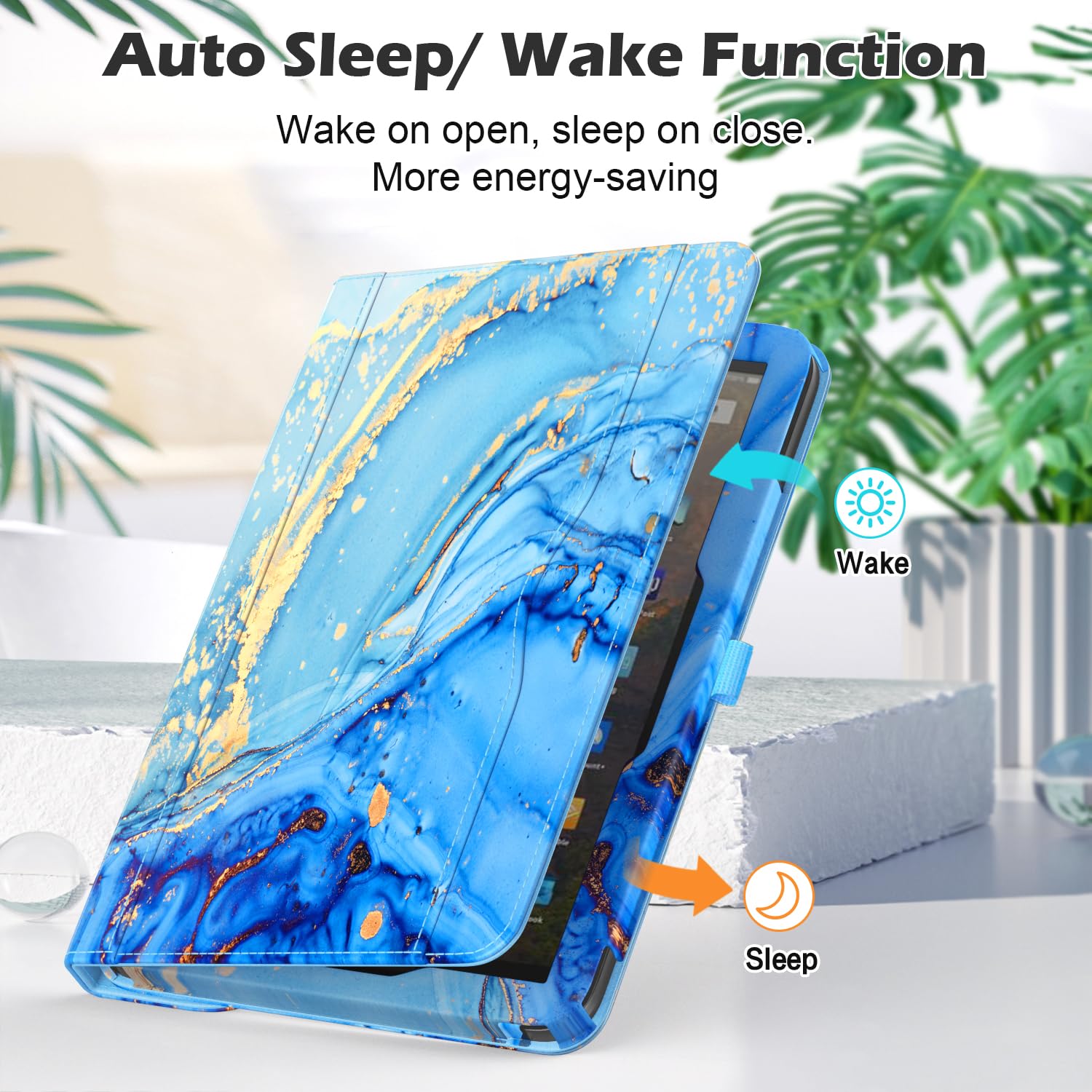 ZoneFoker Case for All New Kindle Fire HD 10 Tablet & Fire HD 10 Plus (11th/13th Generation, 2021/2023 Released), 360 Degree Rotating Stand Cover with Auto Sleep/Wake & Pencil Holder, Marble Blue