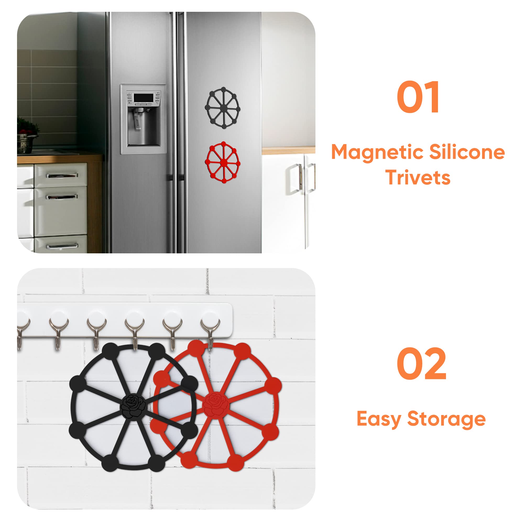 2PCS Magnetic Trivets for Hot Pots and Pans, Non-Slip Silicone Mats, Heat Resistant Magnetic Pads for Hot Dishes/Pots/Pans, Black & Red Double Sided Silicone Kitchen Trivets for Table Countertop
