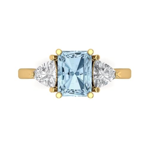 3.0 ct Emerald cut 3 stone Solitaire Blue Simulated Diamond Engagement Promise Anniversary Bridal Ring 18K Yellow Gold 4