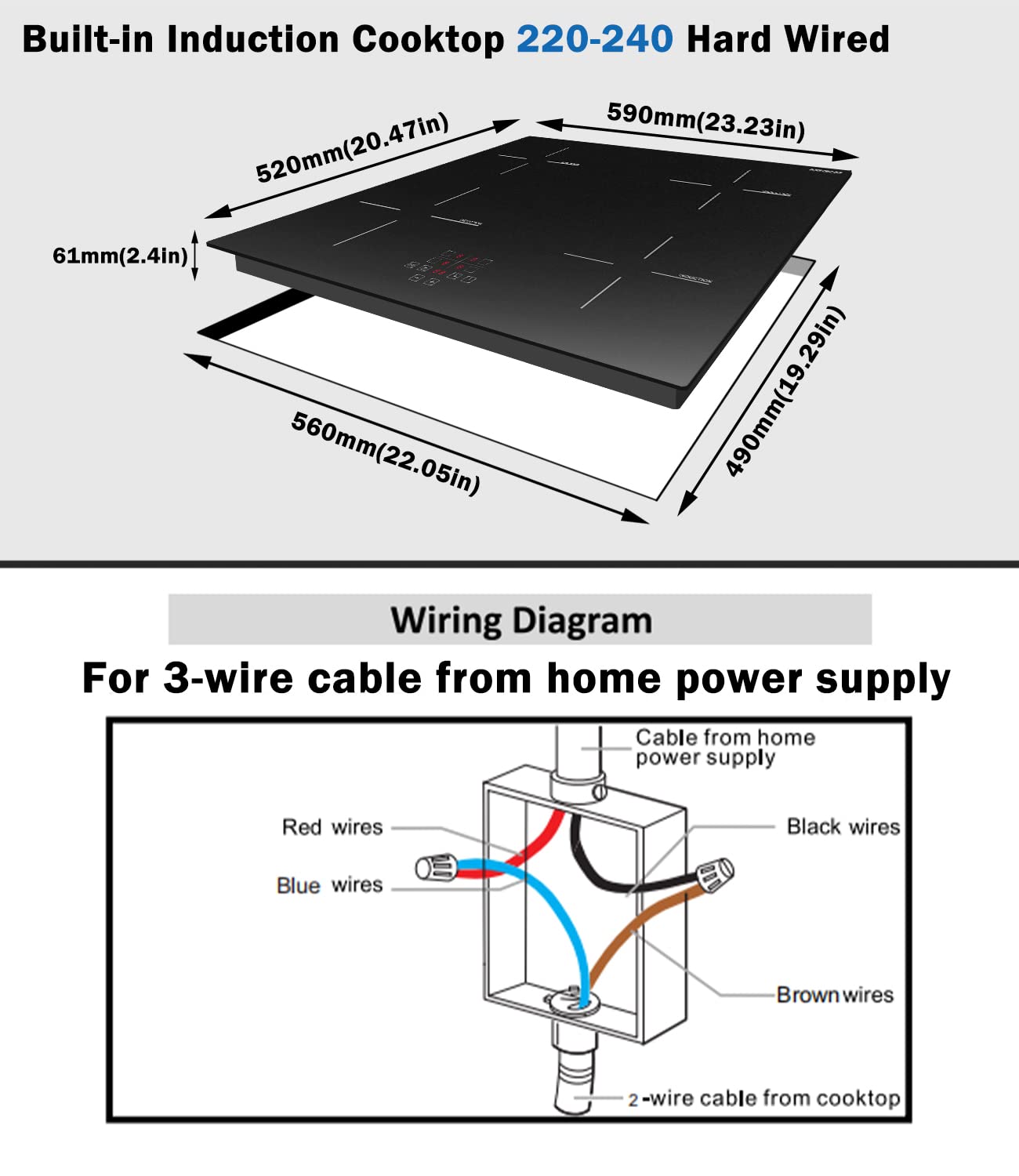 24 Inch Induction Cooktop 4 Burner, Drop-in 6400W Electric Induction Burner with Timer and Child Lock, Pause Function, Vitro Ceramic Glass, 220-240V, Hard Wired, No Plug