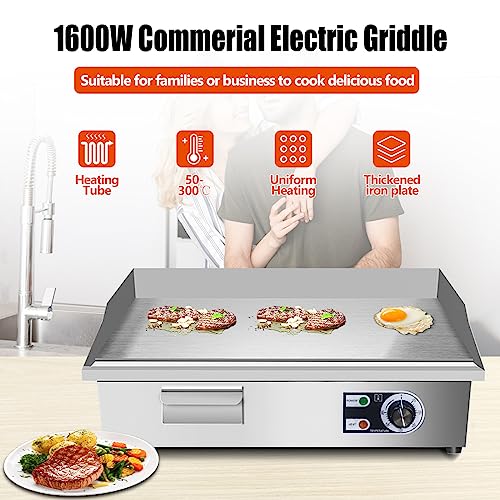ExGizmo 22" Commercial Electric Griddle,Electric Countertop Flat Top Griddle,110V 1600W Electric Flat Top Grill,Non-Stick Restaurant Teppanyaki Stainless Steel Grill,Adjustable Temperature Control