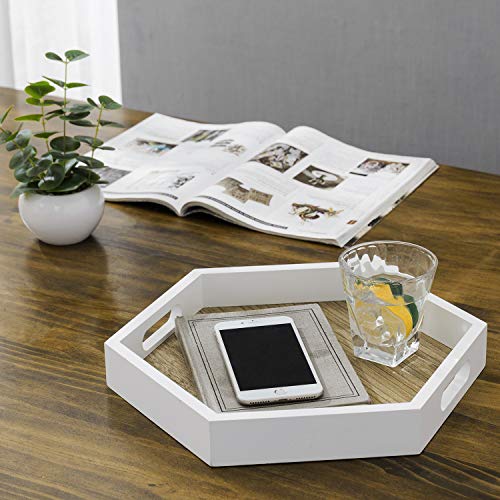 MyGift Hexagonal White Wood Decorative Tray with Handles and Burnt Wood Base, Geometric Serving Tray Ottoman Breakfast Tray