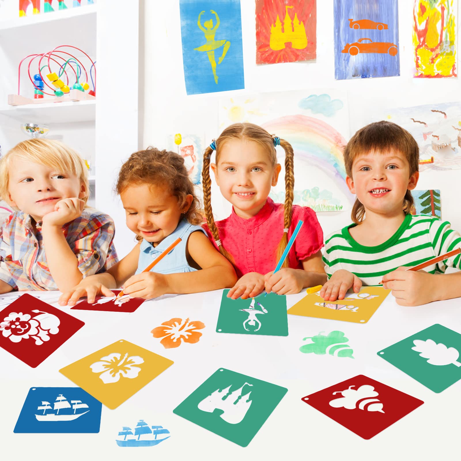 20 PCS Sturdy Stencils for Kids, 8 Inch Kids Stencils with 5 Pcs Scratch Paper for Painting to Imaginative Children's Stories, Learning Tools for Toddlers and Preschooler