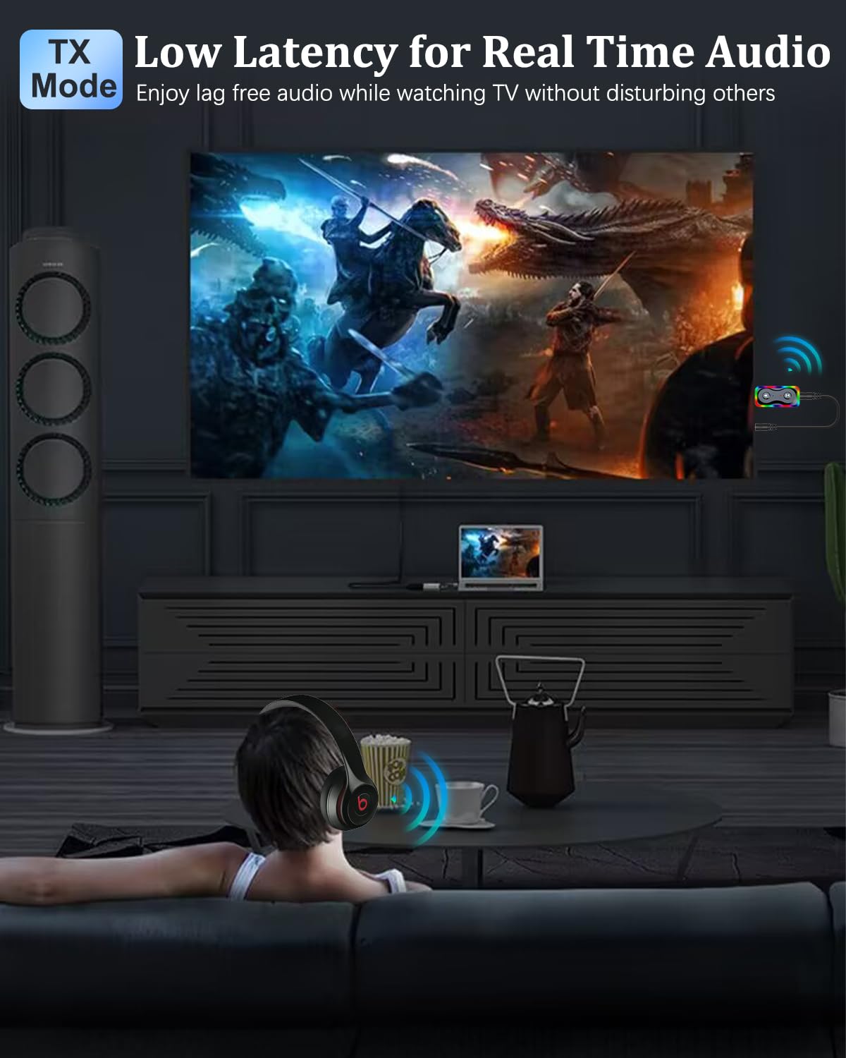 2 in 1 Bluetooth 5.3 Transmitter and Receiver, Low Latency Bluetooth Audio Adapter for TV to Bluetooth Headphone, Wireless Aux Receiver for Car/TV/Home Stereo/Headphone/Speaker