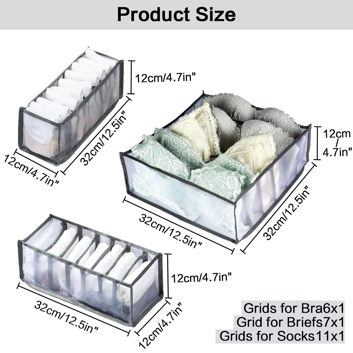 AmasSmile Wardrobe Clothes Organizer, 7 grids Washable Clear Mesh Closet Organizers and Storage Bins Drawer Dividers for Underwear,Bra, Underpants, Socks(3PCS BEIGE)