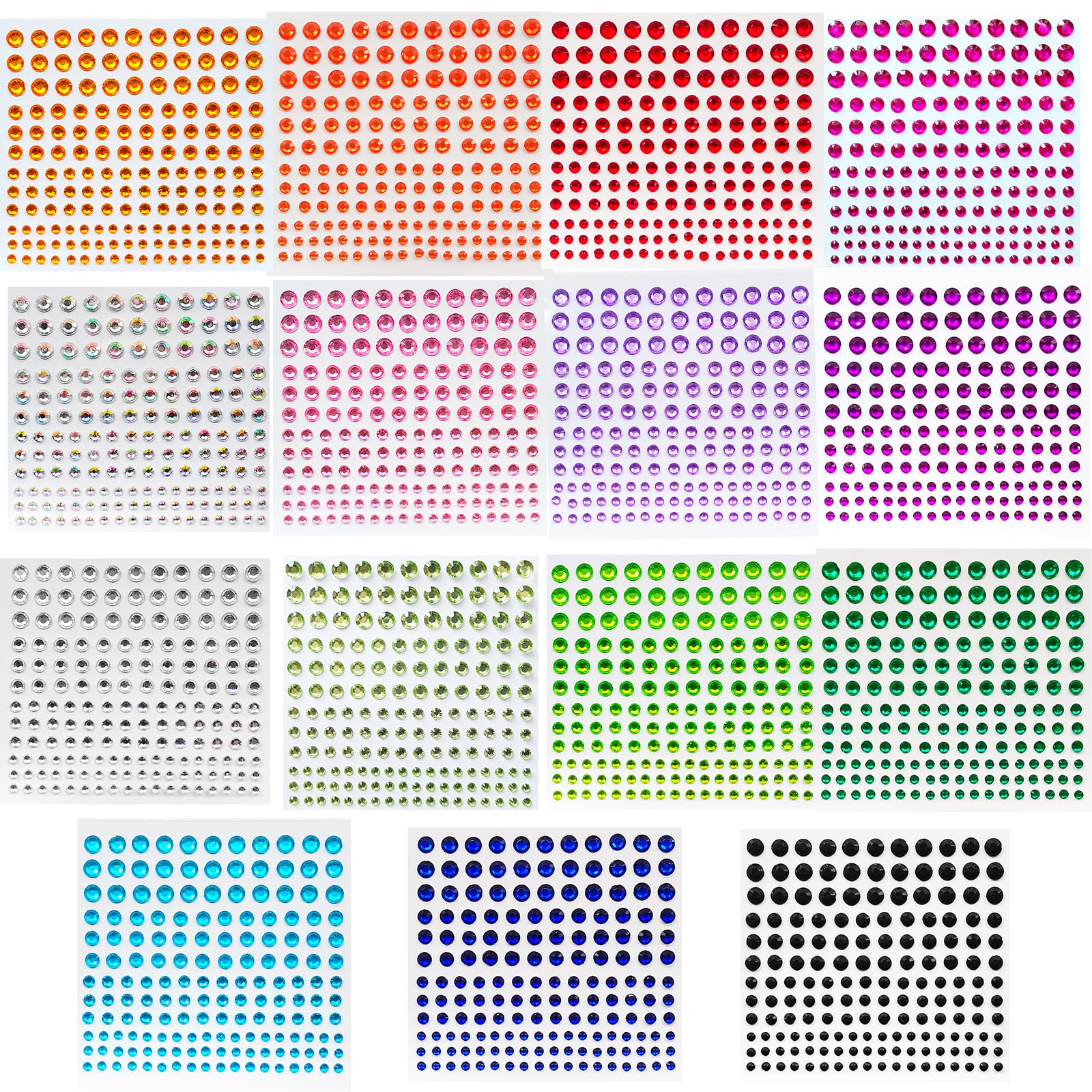 2475 Pcs Self Adhesive Rhinestone Stickers for Face Nail Eyes Decor,4 Size 15 Color Bling Sticky Gems for Body Makeup,Stick on Acrylic Jewels for CraftCard Decorations