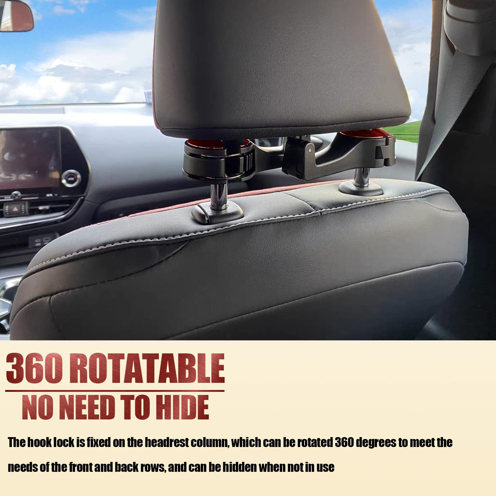 2 In 1 Car Seat Hooks for Purses and Bags with Phone Holder, 360 Degrees Rotation Headrest Hooks, Car Headrest Hidden Hook, Universal Car Headrest Storage Organizer Hanger Hook, Red
