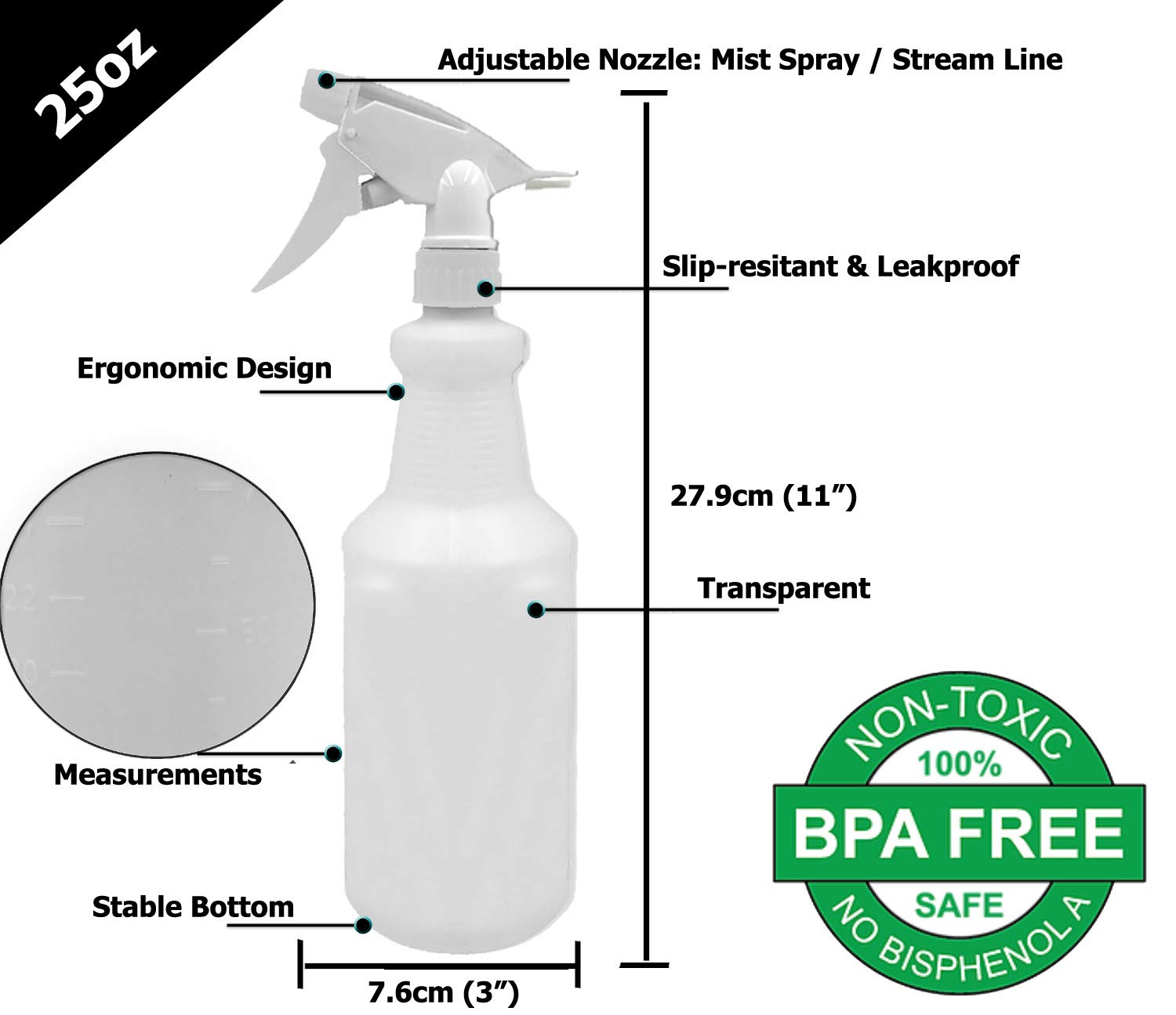 EZPRO USA 24 oz Empty Spray Bottles for Cleaning Solutions, Spray bottle 24oz, Professional Industrial Commercial with Measurements Mist Sprayer, Transparent Natural Color, Pack of 3