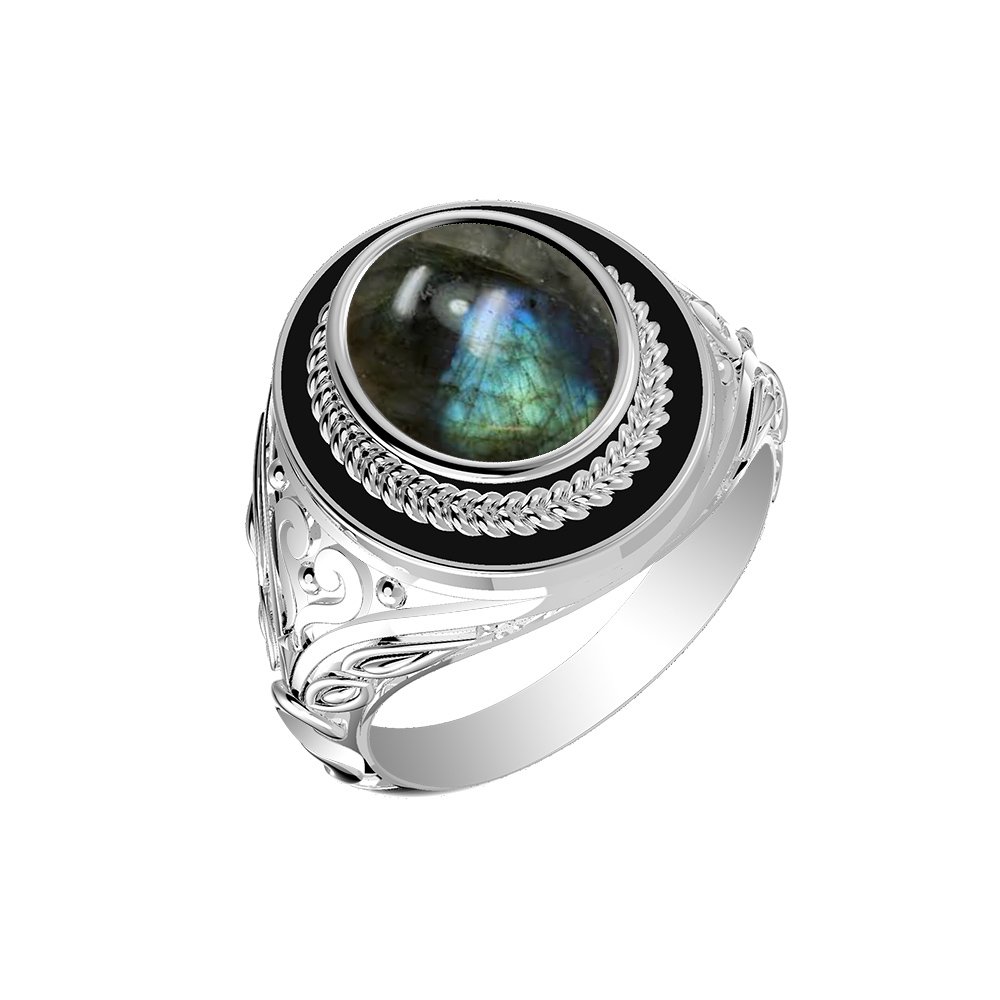 3.15ct, Genuine Labradorite Oval & .925 Silver Overlay Solitaire Ring Size-6