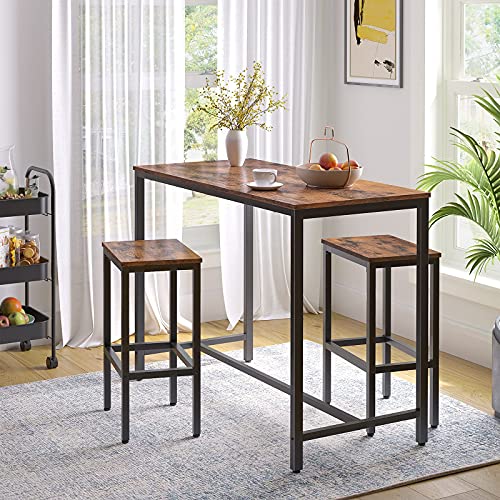 HOOBRO Bar Table and Chairs Set, 47.2” Rectangular Pub Bar Table and 2 Bar Stools, 3-Piece Breakfast Table Set for Kitchen Living Room, Dining Room, Sturdy Metal Frame, Rustic Brown BF52BT01