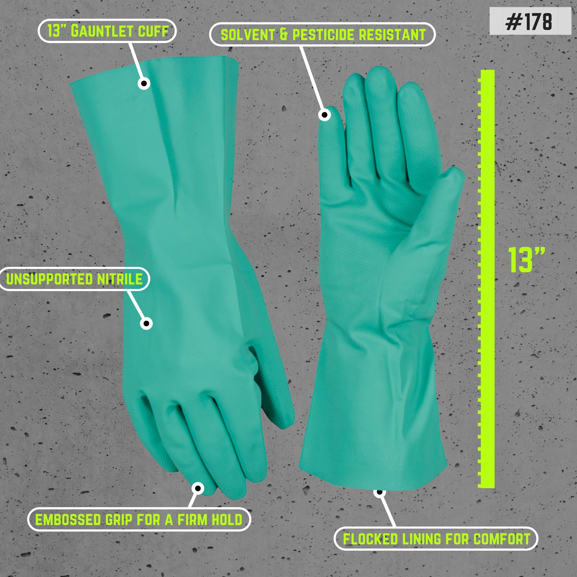 Chemical Resistant Nitrile Gloves, Solvent and Pesticide Resistant, Reusable, Large (Wells Lamont 178L) , Green