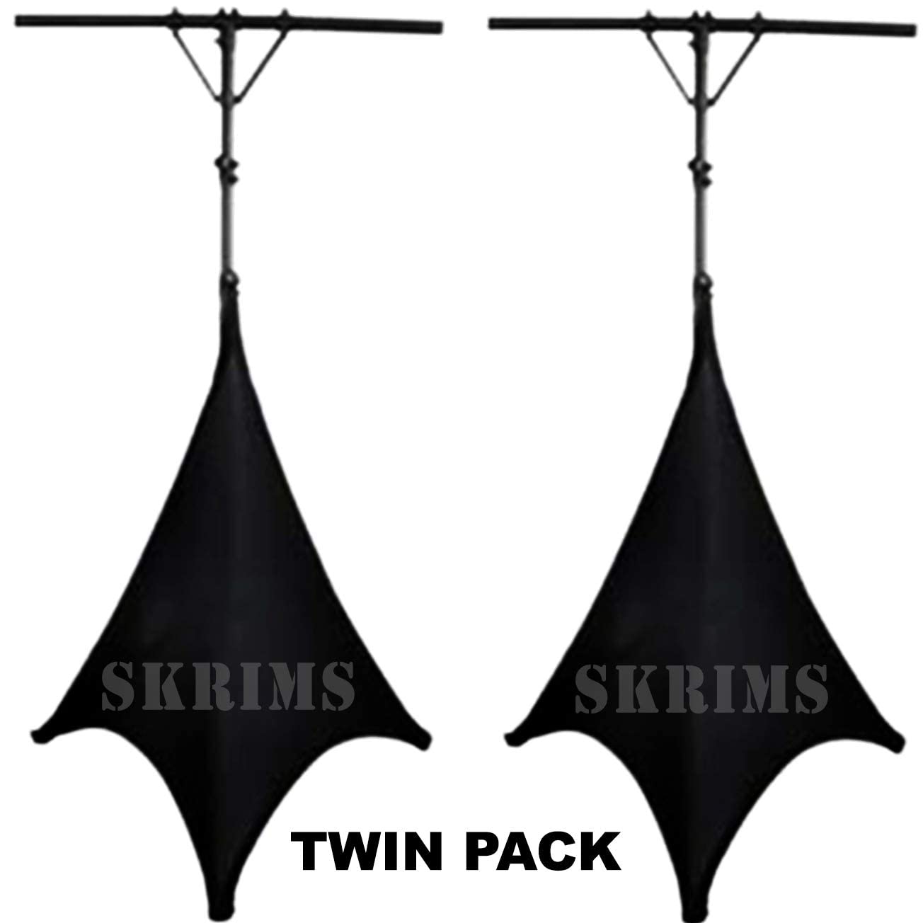 AMAZIN Gear Brand Professional Speaker Stand Covers, Premium 4-Way Stretch Spandex Pro DJ Scrims, 360 Degree Coverage Tripod Skirts, Cable Pass-Throughs +2 Bonus Carrying Bags (2-Pack, Black)