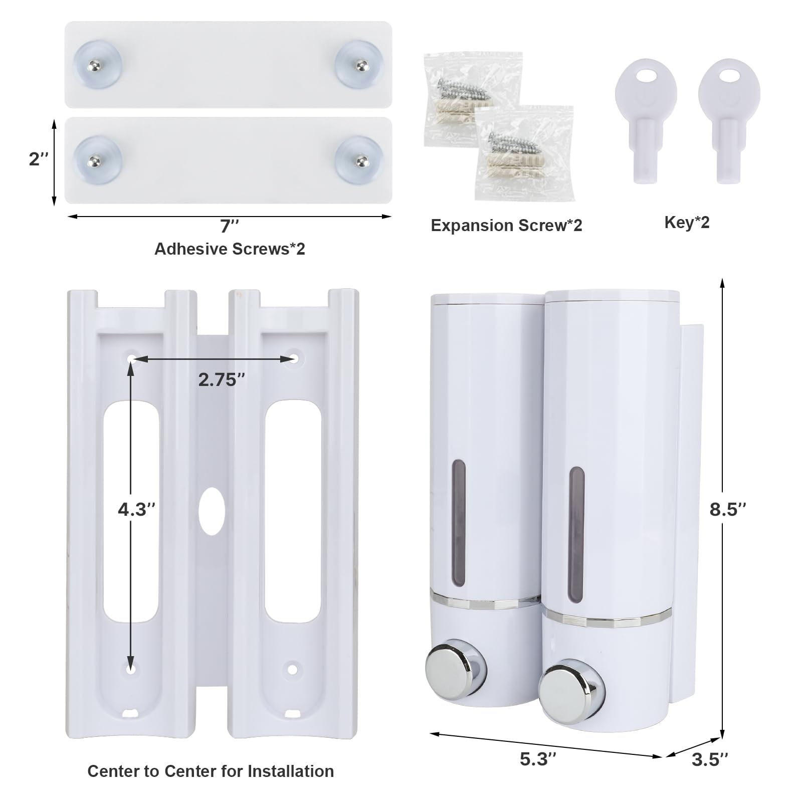 2 in 1 Chamber Soap Dispenser Trio Shower Gel Shampoo Conditioner with 3x400ml Refillable Bottles Wall Mount Holds Shampoo, Soap, Conditioner, Shower Gel, for Bathroom Kitchen