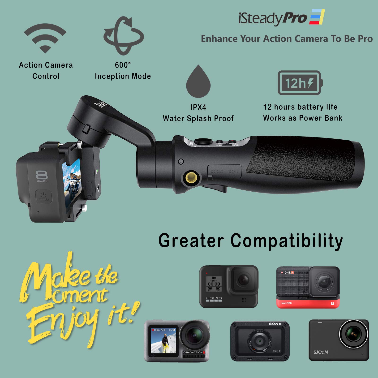 3-Axis Action Camera Gimbal Stabilizer for GoPro Hero 8/7/6/5/4/3, OSMO Action, Sony RX0, YI, SJCAM, Insta360 ONE R, WiFi Connection, Splash-Proof, 12H Battery Life, with Tripod, Hohem iSteady Pro 3
