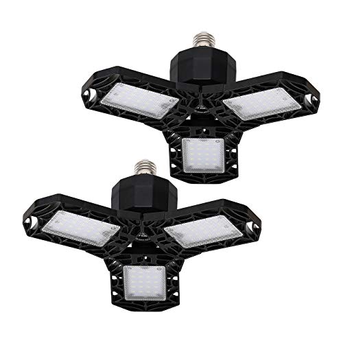 Garage Lights Ceiling, Deformable Garage LED Bulb Light 40W 6000 Lumen E26 with 3 Adjustable LED Panels 270° for Garage, Warehouse, Barn, Workshop and Yard (NO Motion Activated)(Plastic(2 Pack))