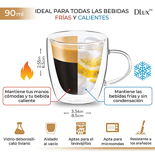 DLux Espresso Coffee Cups 3oz, Double Wall, Clear Glass Set of 2 Glasses with Handles, Insulated Borosilicate Glassware Tea Cup