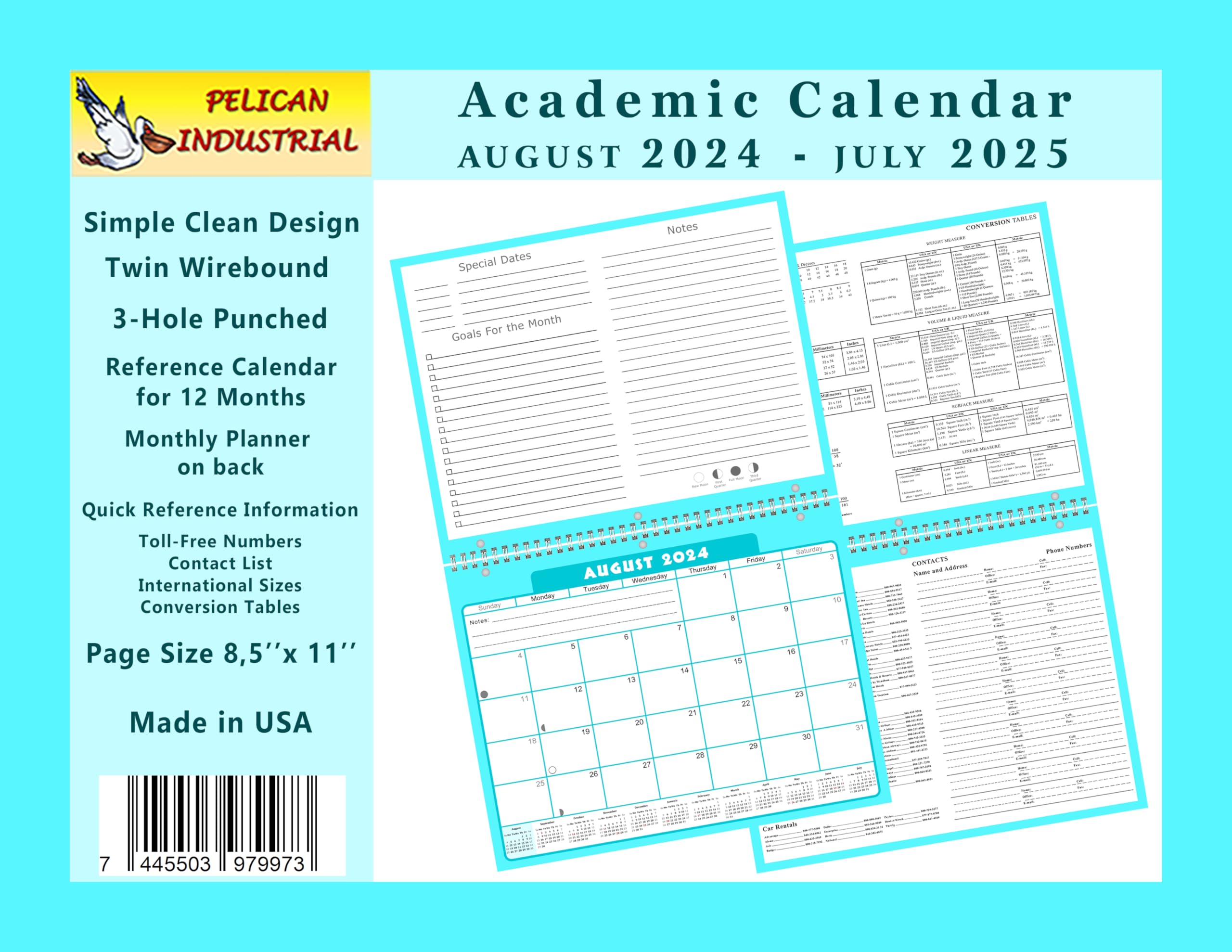 2024-2025 Academic Year 12 Months Student Calendar/Planner for Wall & Desk & 3-Ring Binder, for School, Teacher, Student (Edition #006)