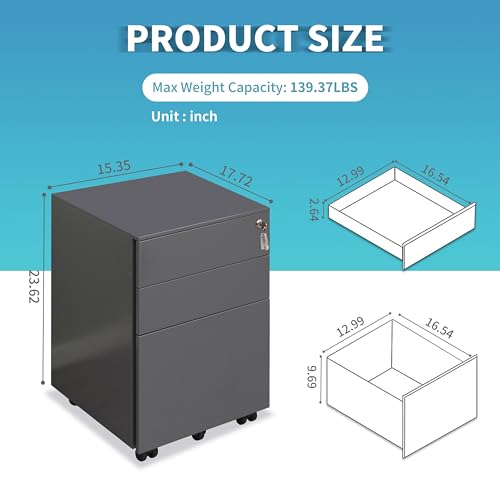 3-Drawer Mobile File Cabinet with Lock Steel for Legal/letter/a4/f4 Size Grey Modern Contemporary Metal Locking