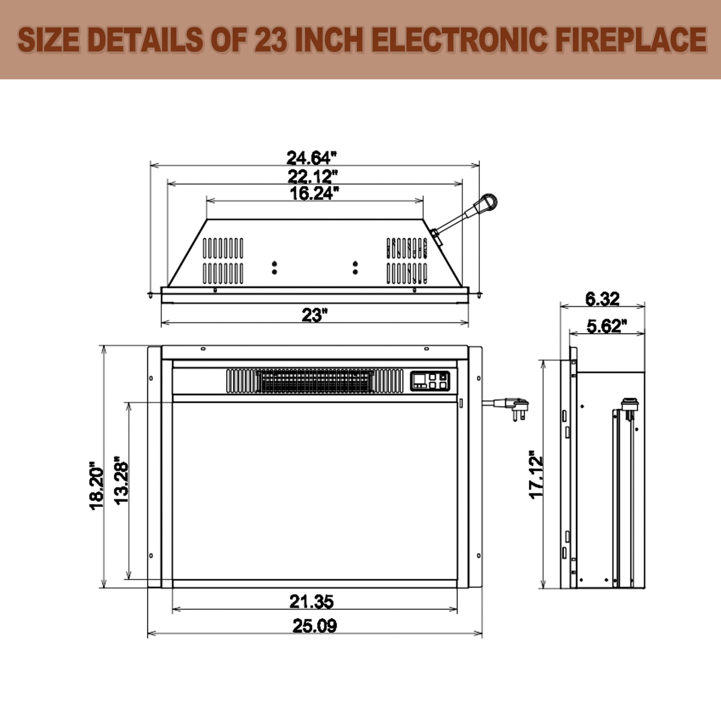 23 inch Electric Fireplace Insert, Realistic Red Bricks Electric Fireplace with Remote Control, 3 Adjustable LED Brightness Flames, Overheat Protection, 1400W Faux Fireplace for Bedroom
