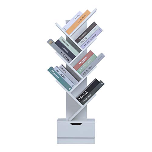 TINSAWOOD 7-Shelf Rack Bookcase, Wooden Tree Bookshelf, Free Standing Book Storage Organizer, for Books/CDs/Albums/Files Holder in Living Room Home Office, White