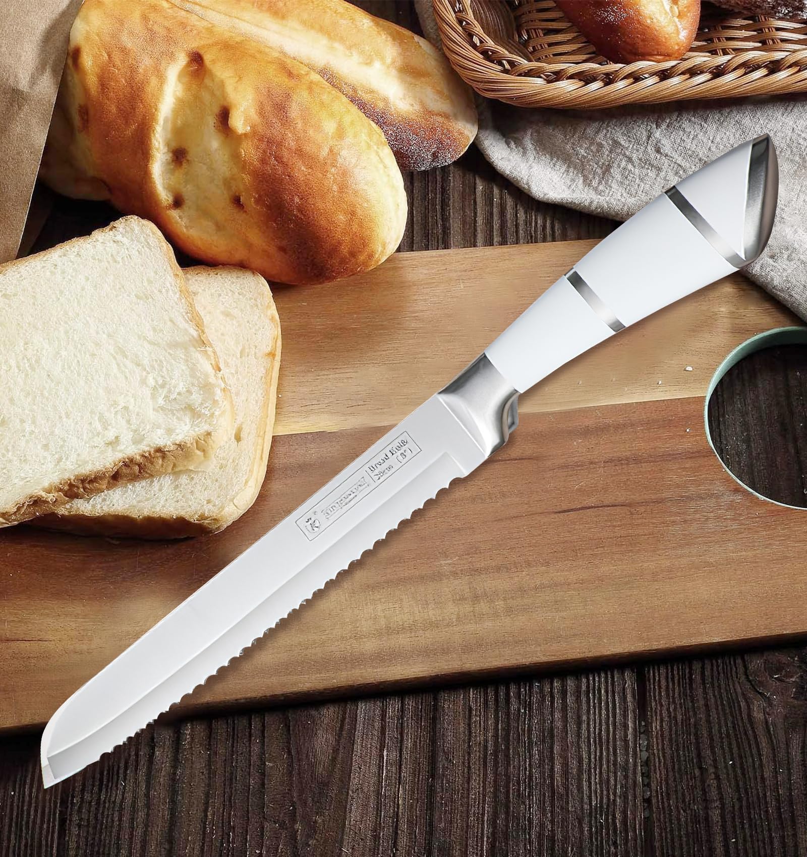 9Pcs White Kitchen Knife Set, DUFEIMOY Chef Knife Set Professional, Stainless Steel Knife Block Set with Scissors, Peeler and Knife Sharpener Rod for Cooking Meat Cutting