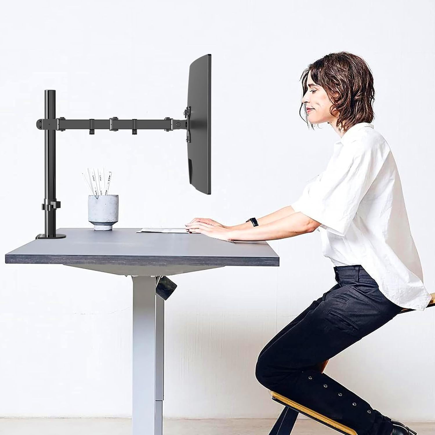 Amazon Basics Single Computer Monitor Stand with Tilt and Rotation, Height Adjustable VESA Desk Arm Mount, Steel, 30 inches, Black