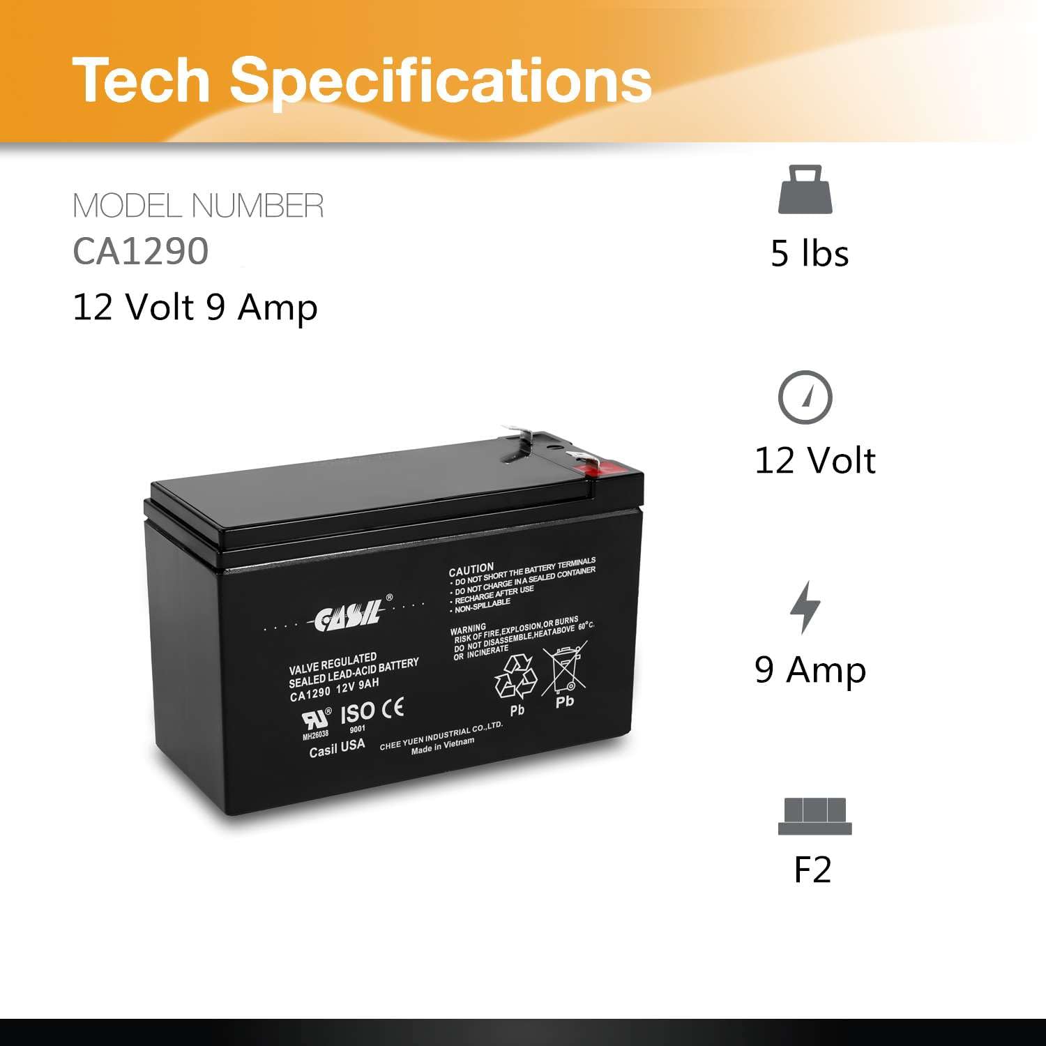 Casil CA1290 12v Rechargeable Battery 12V 9Ah AGM Battery - Rechargeable 12V SLA Battery - Sealed Lead Acid Battery - 12 Volt 9ah Battery with F2 Terminal