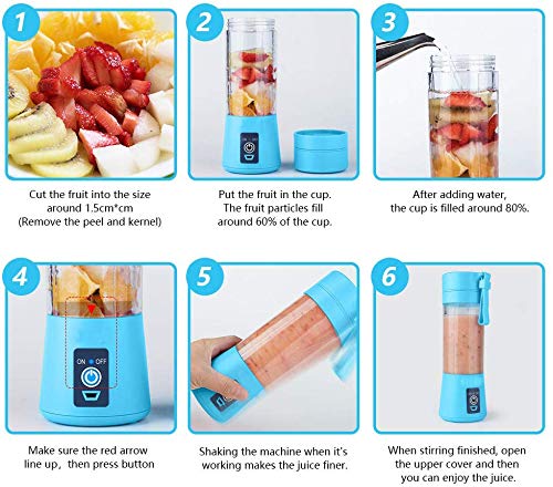 Portable Personal Blender, Household Juicer fruit shake Mixer -Six Blades, BPA Free 380ml Baby cooking machine with USB Charger