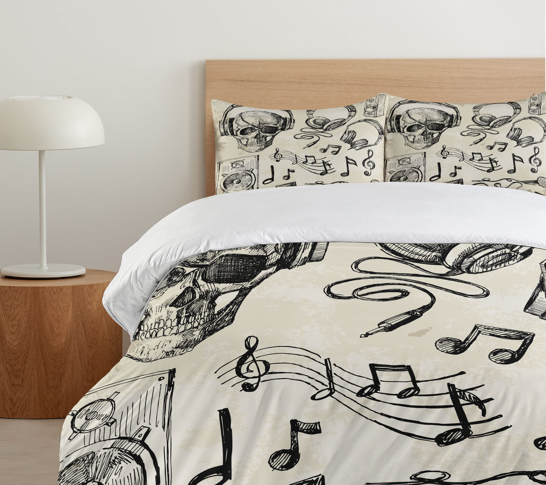 Ambesonne Music Duvet Cover Set, Sketchy Background Hipster Skull Headphones Record Player Mic Speakers Print, Decorative 3 Piece Bedding Set with 2 Pillow Shams, Queen Size, Beige Black