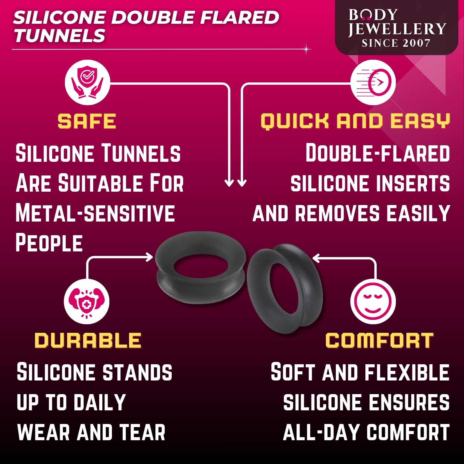 38mm Black Implant grade sili Double Flare Flesh Tunnels Large Gauge Plugs ABYR Ear Stretchers Piercing SI04 2Pcs