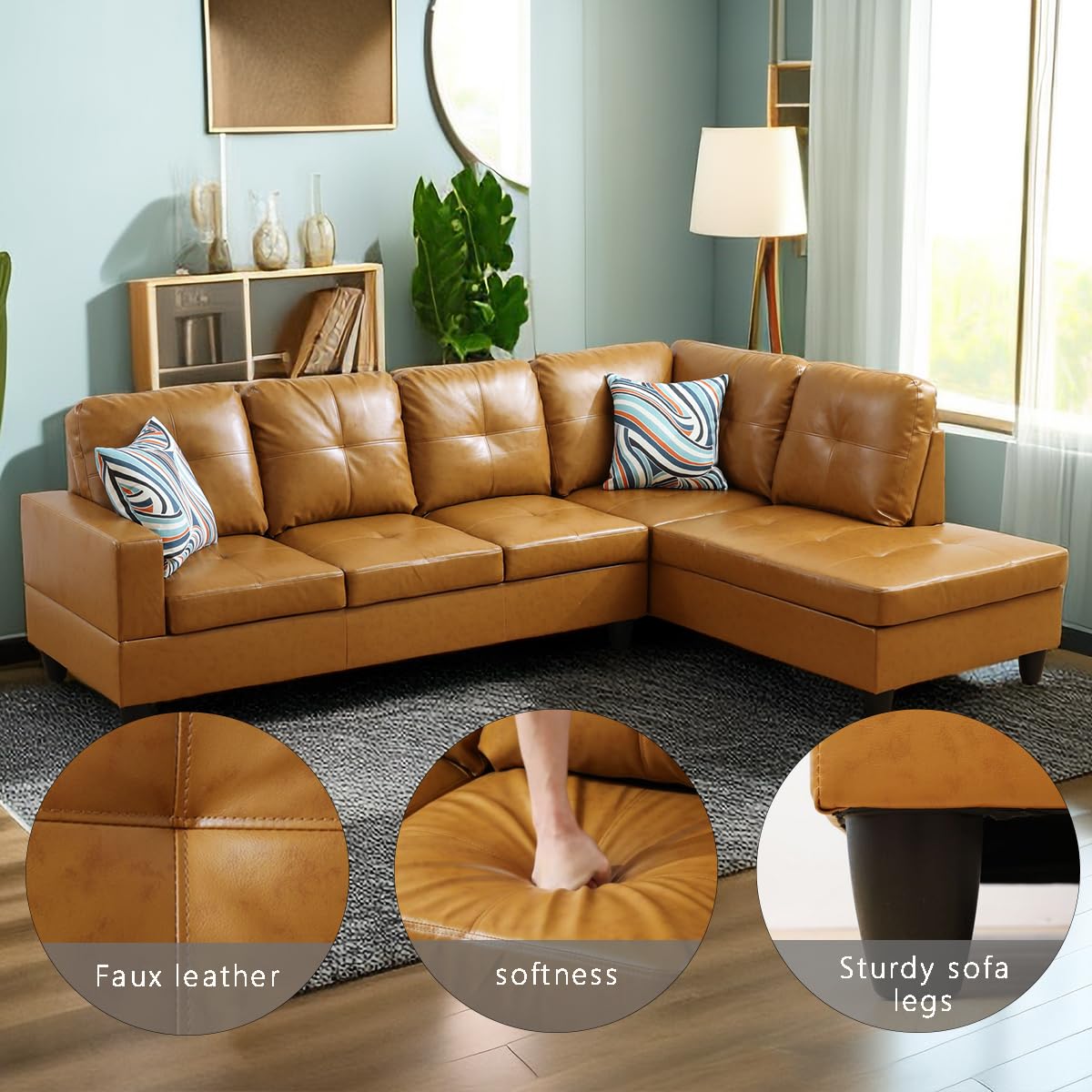 A Ainehome Living Room Sofa Set 2 Pieces Sectional Sofa Set, L-Shape Sofa Faux Leather Couch with Chaise for Living Room/Office/Apartment (B-Ginger, Right Hand Facing)