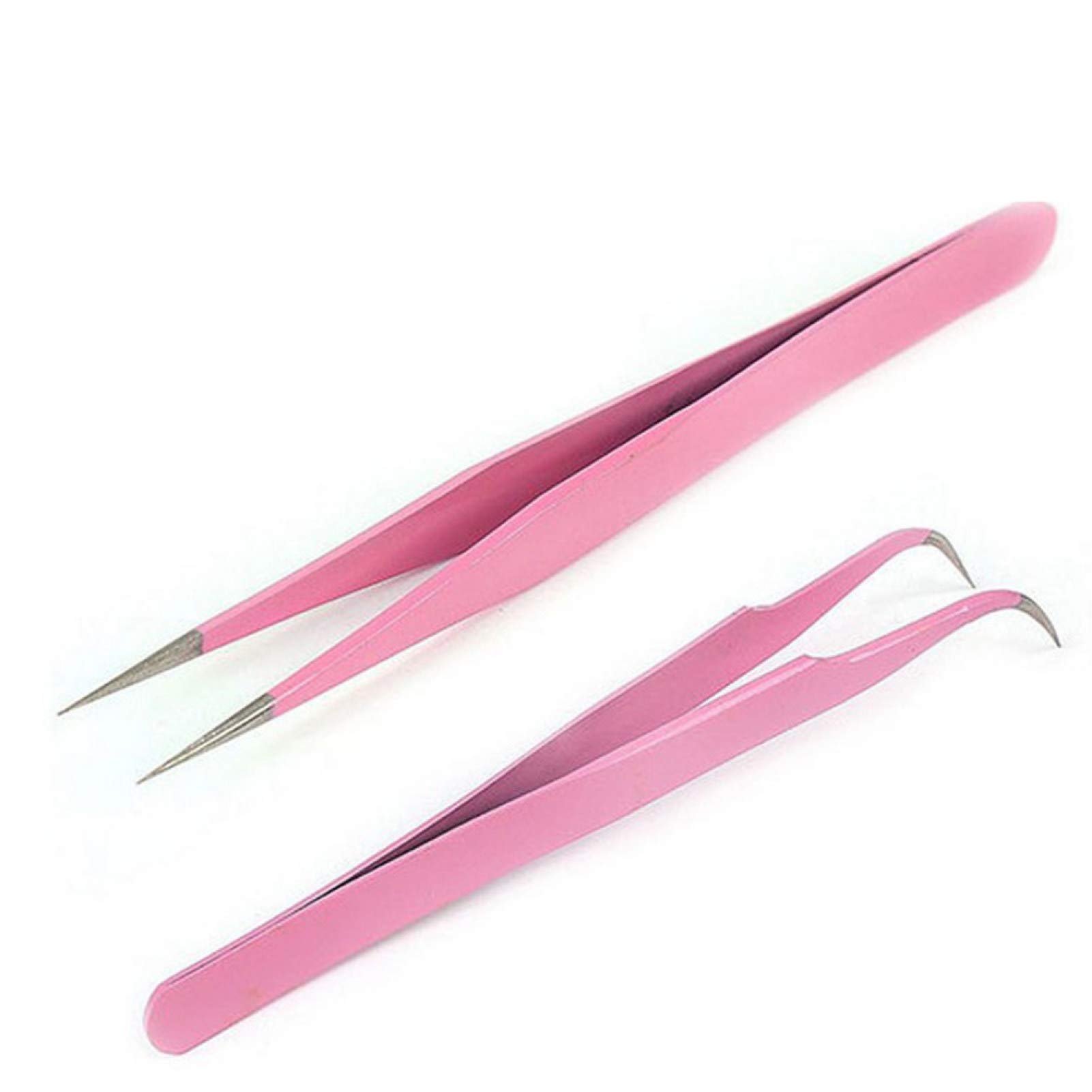 Gaweb Tweezers, Stainless Steel False Eyelashes Home Tool Bend Straight Lashes Applicator Clip - Pink Bend