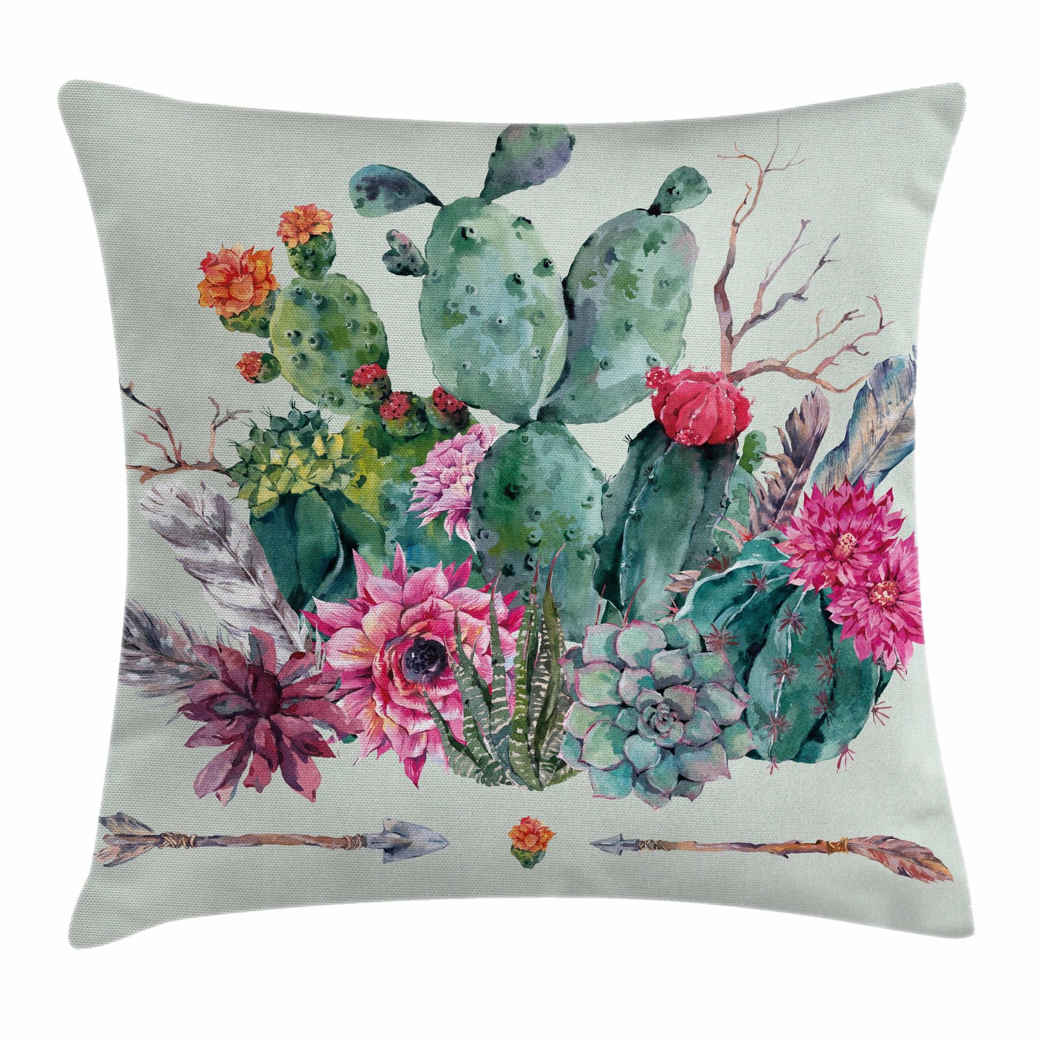 Ambesonne Cactus Throw Pillow Cushion Cover, Spring Garden Boho Style Bouquet of Thorny Plants Blossoms Arrows Feathers, Decorative Square Accent Pillow Case, 20" X 20", Mint Green