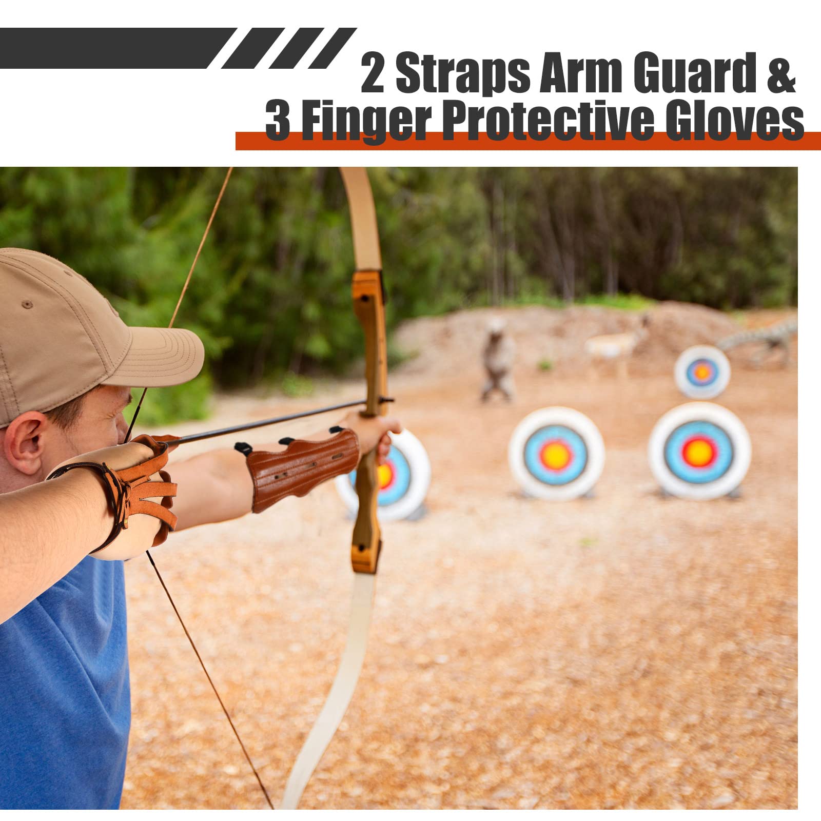 3 Straps Arm Guard with 3 Finger Glove Set Adjustable Archery Arm Guards Archery Glove Non Slip Protective Archery Accessories for Adult Unisex Recurve Compound Long Bow Hunting Target Shooting, Brown