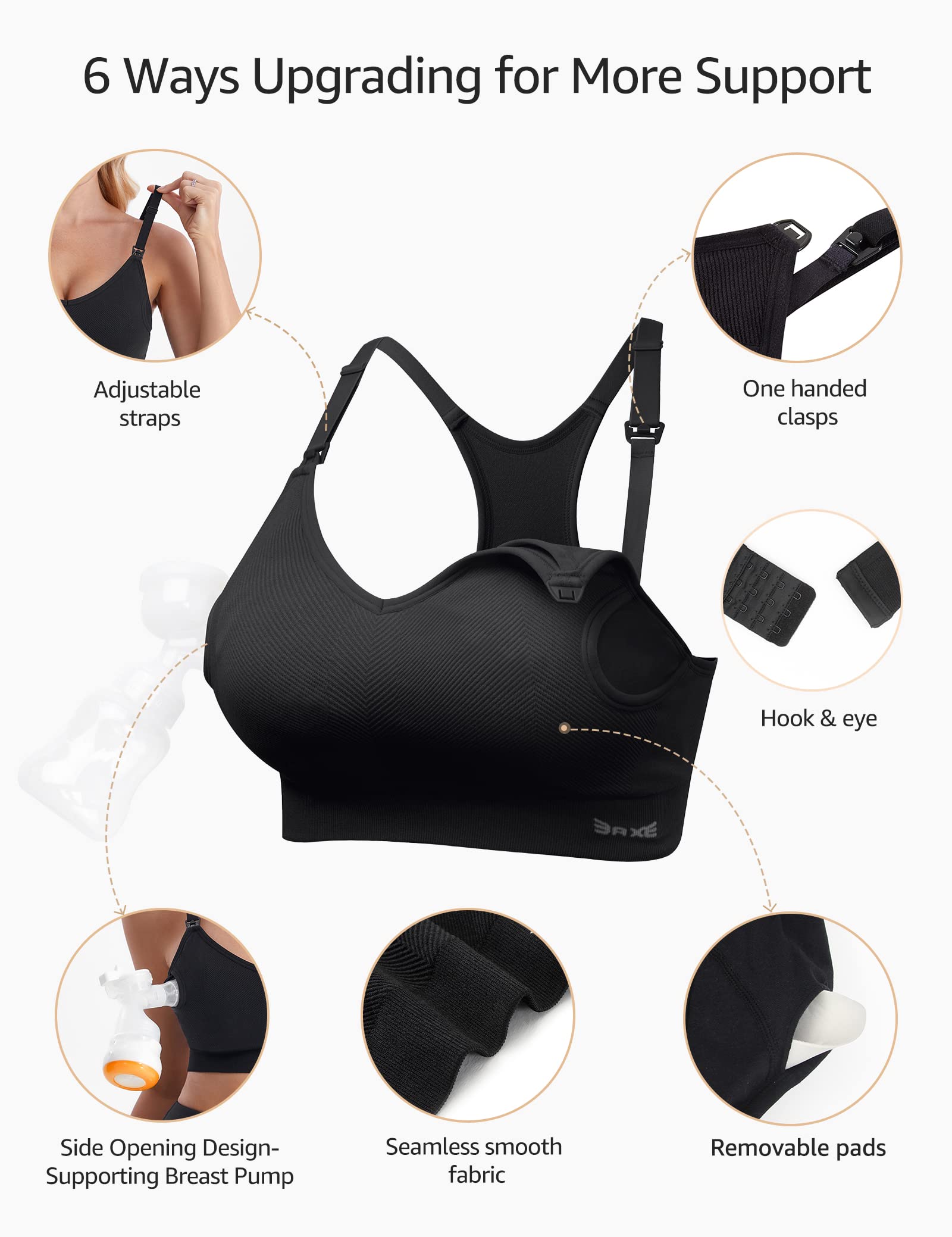 3AXE Hands Free Pumping Braor Women 2 Pack Supportive Comfortable All Day Wear Pumping and Nursing Bra in One Holding Breast Pump Black Beige Medium