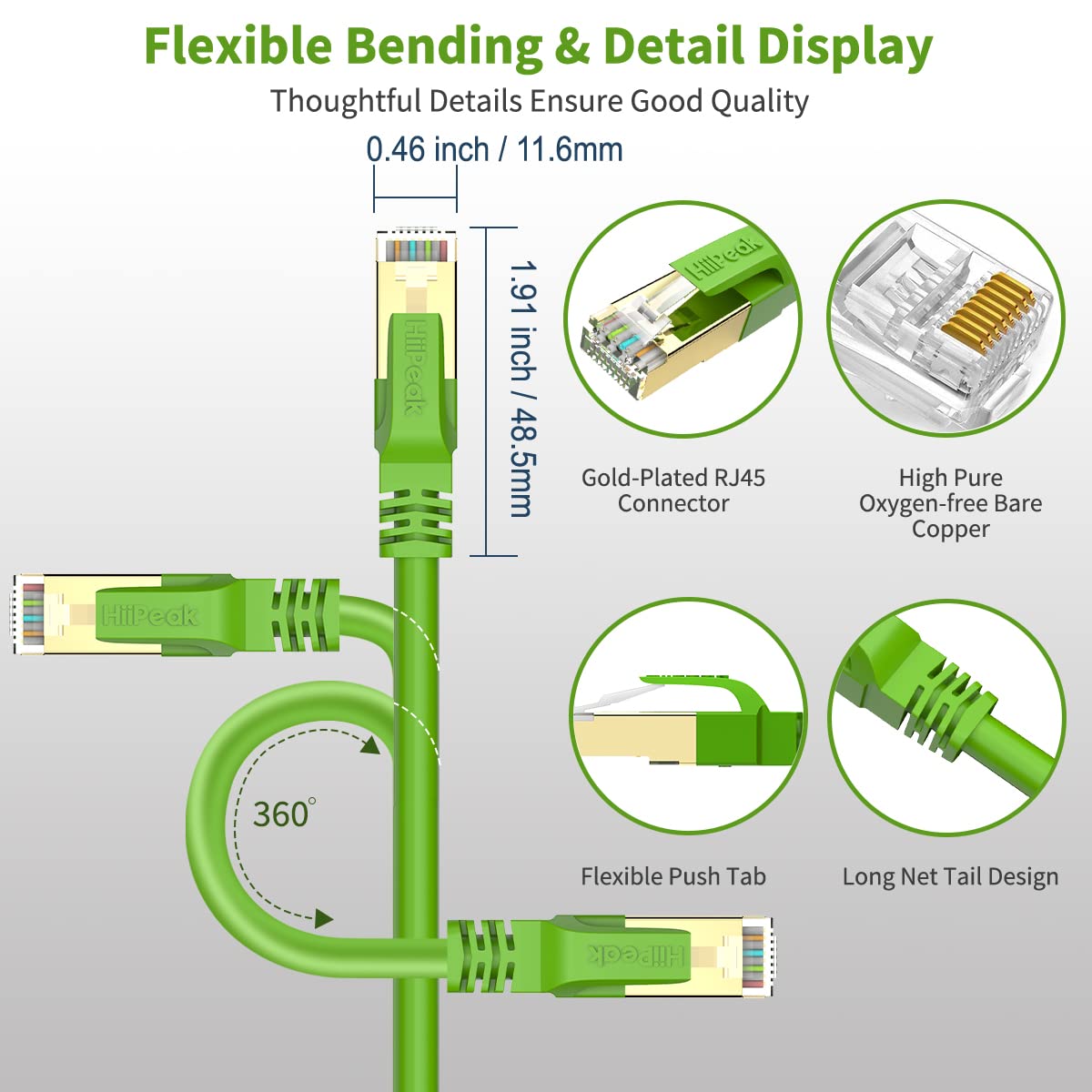 Cat8 Ethernet Cable 1FT, Indoor&Outdoor, Heavy Duty High Speed 26AWG Cat8 Network LAN Cable 2000Mhz, 40Gbps with Gold Plated RJ45 Connector, Weatherproof S/FTP UV Resistant for Router,Modem,PC Green