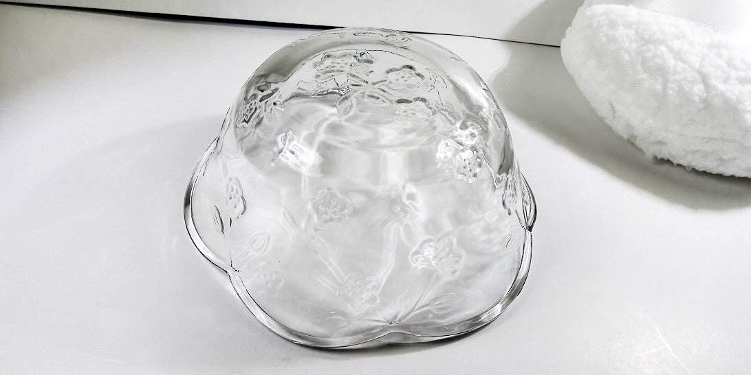 Fancy Molded Glass Dish and Medium Fleece Powder Puff for Dusting Powder 5 Inch Diameter