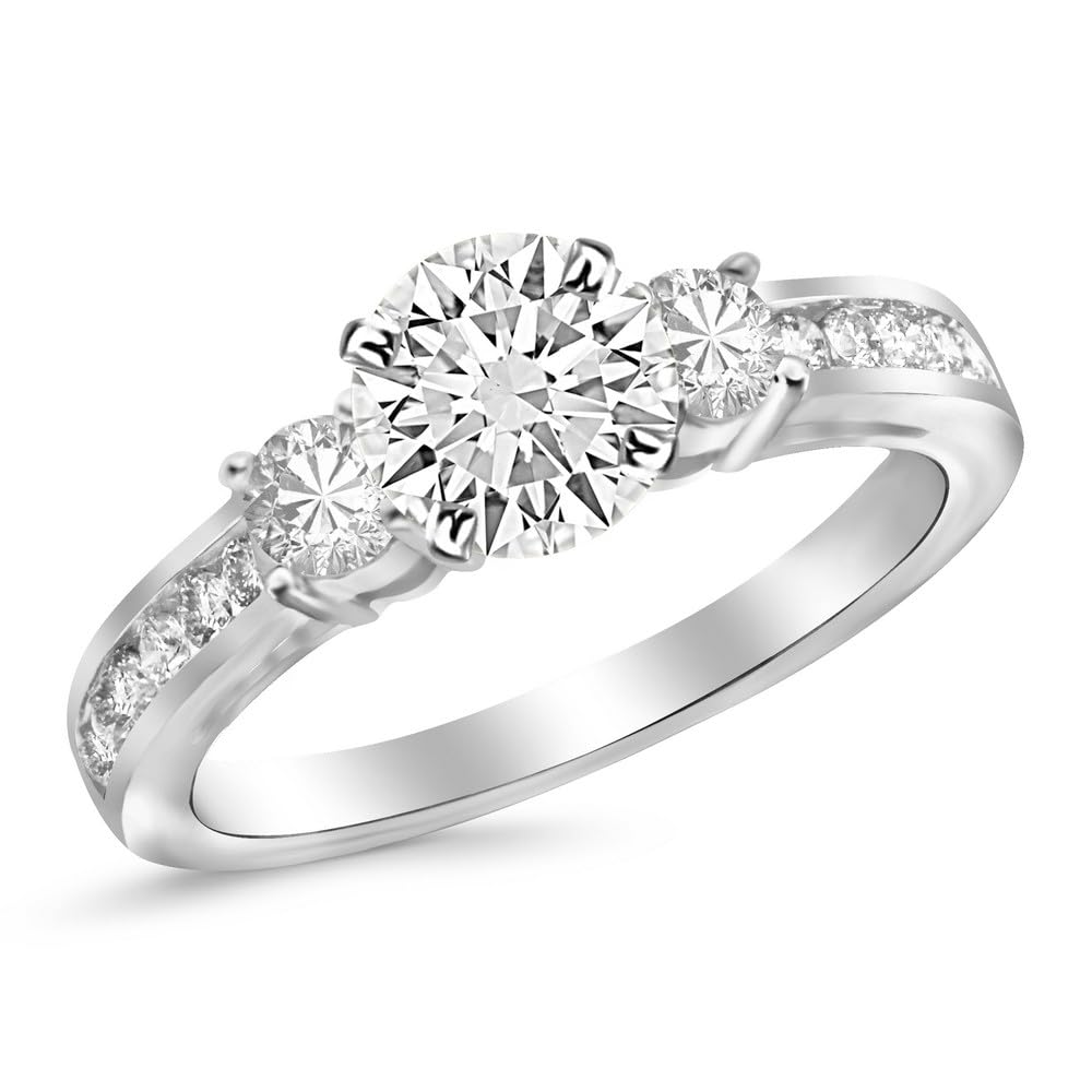 2.1 Carat t.w. 14K White Gold Round Channel Set 3 Three Stone Diamond Engagement Ring K I1 Clarity Center Stones.