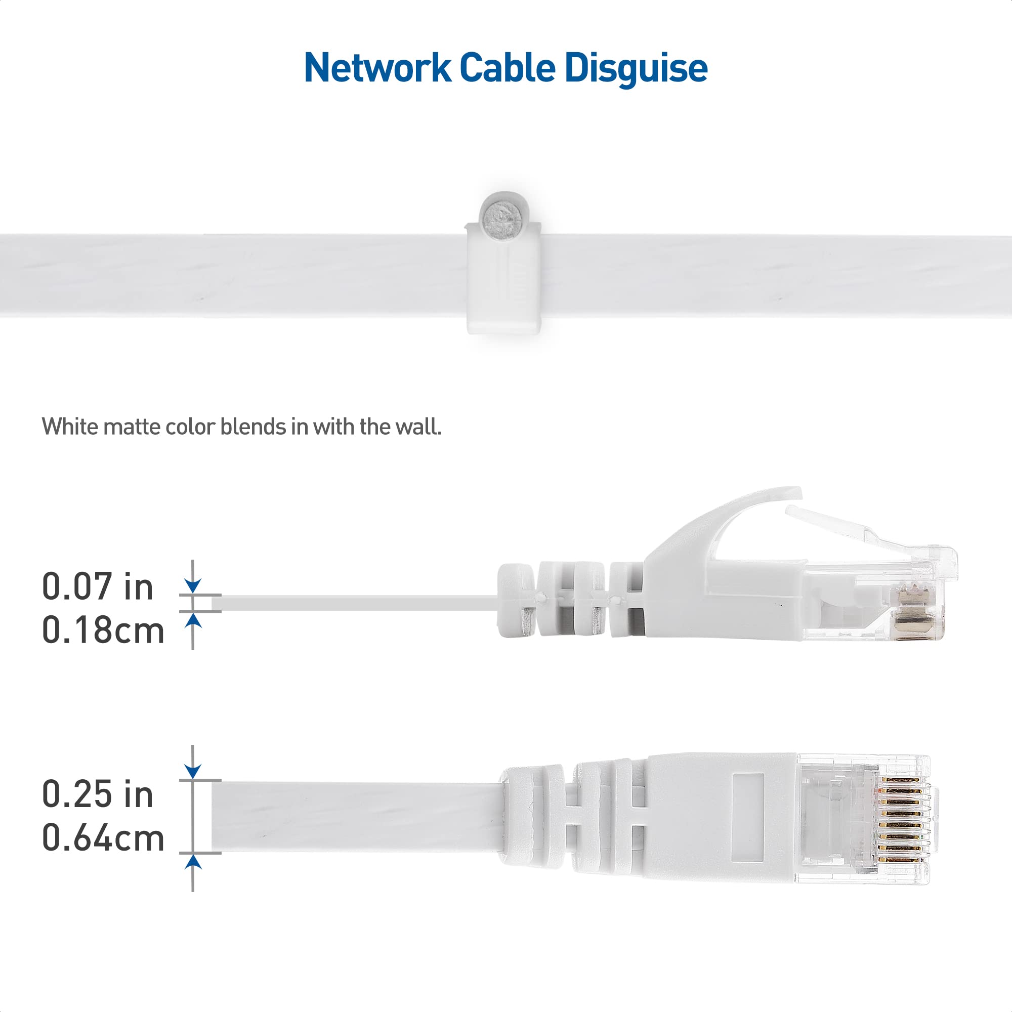Cable Matters Cat6 Snagless Long Flat Ethernet Cable 50 ft in White with Nail-in Cable Clips