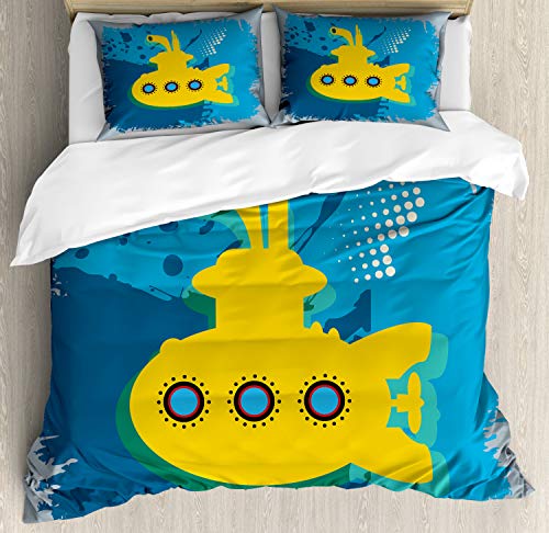 Ambesonne Yellow Submarine Duvet Cover Set, Illustration of a Submarine Bubbles Under The Sea Print, Decorative 3 Piece Bedding Set with 2 Pillow Shams, California King, Mustard and Petrol Blue